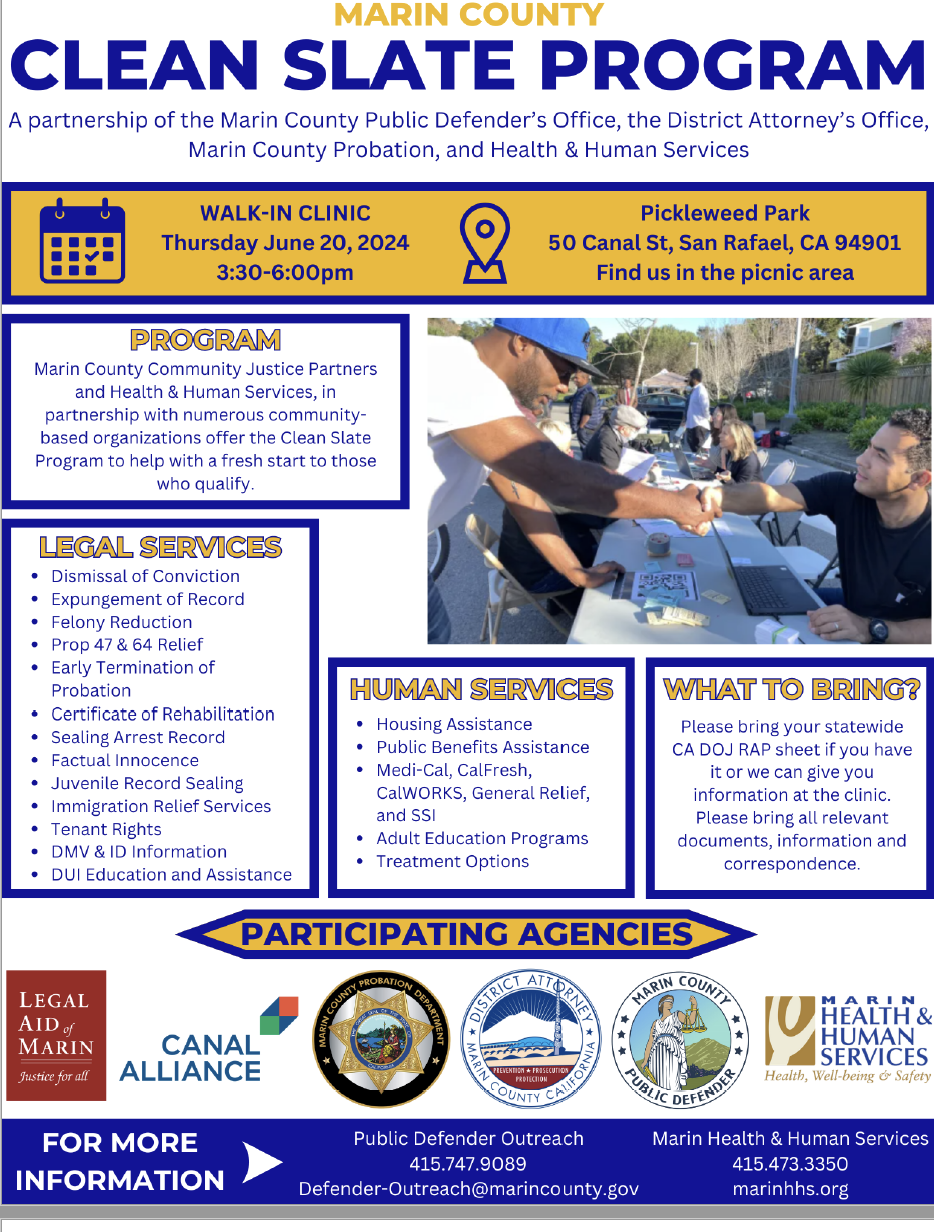 Marin County Clean Slate Program Walk-in Clinic June 20